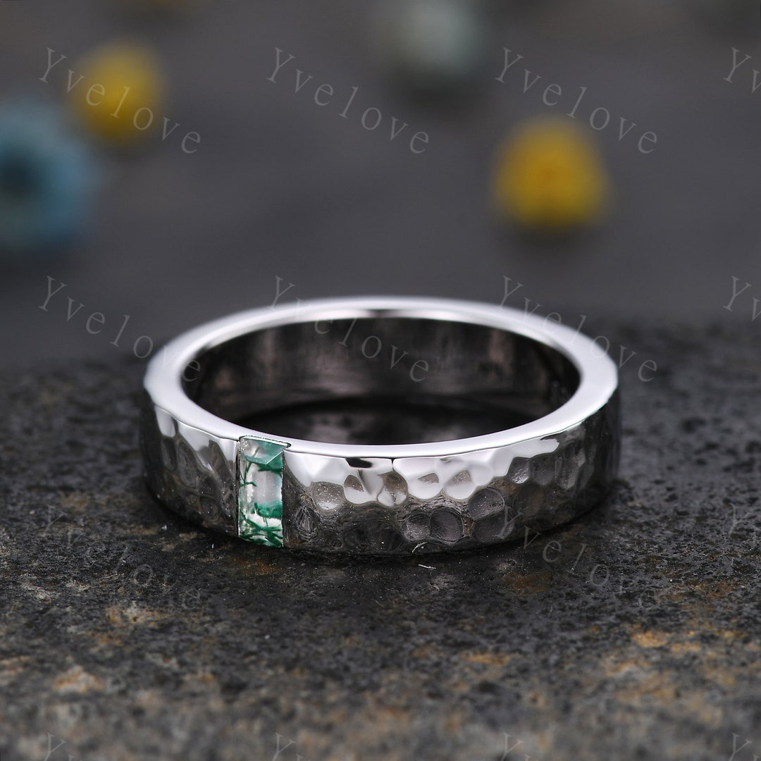 Mens Moss Agate Wedding Band Baguette Cut Green Agate Band 5mm Silver ...