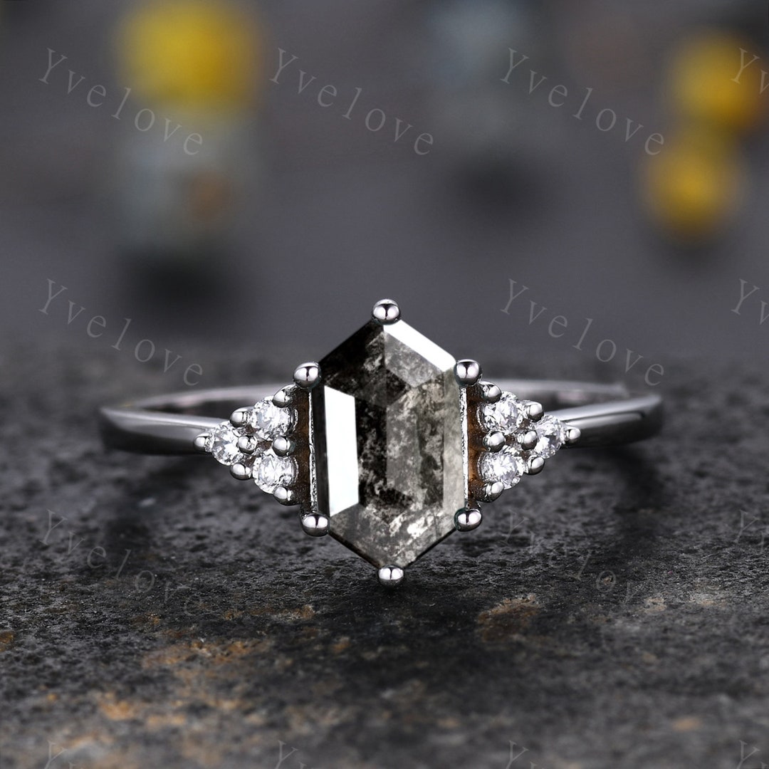 Retro Long Hexagon Salt and Pepper Diamond Ring,vintage Gray Diamond Ring,unique Engagement Ring ...