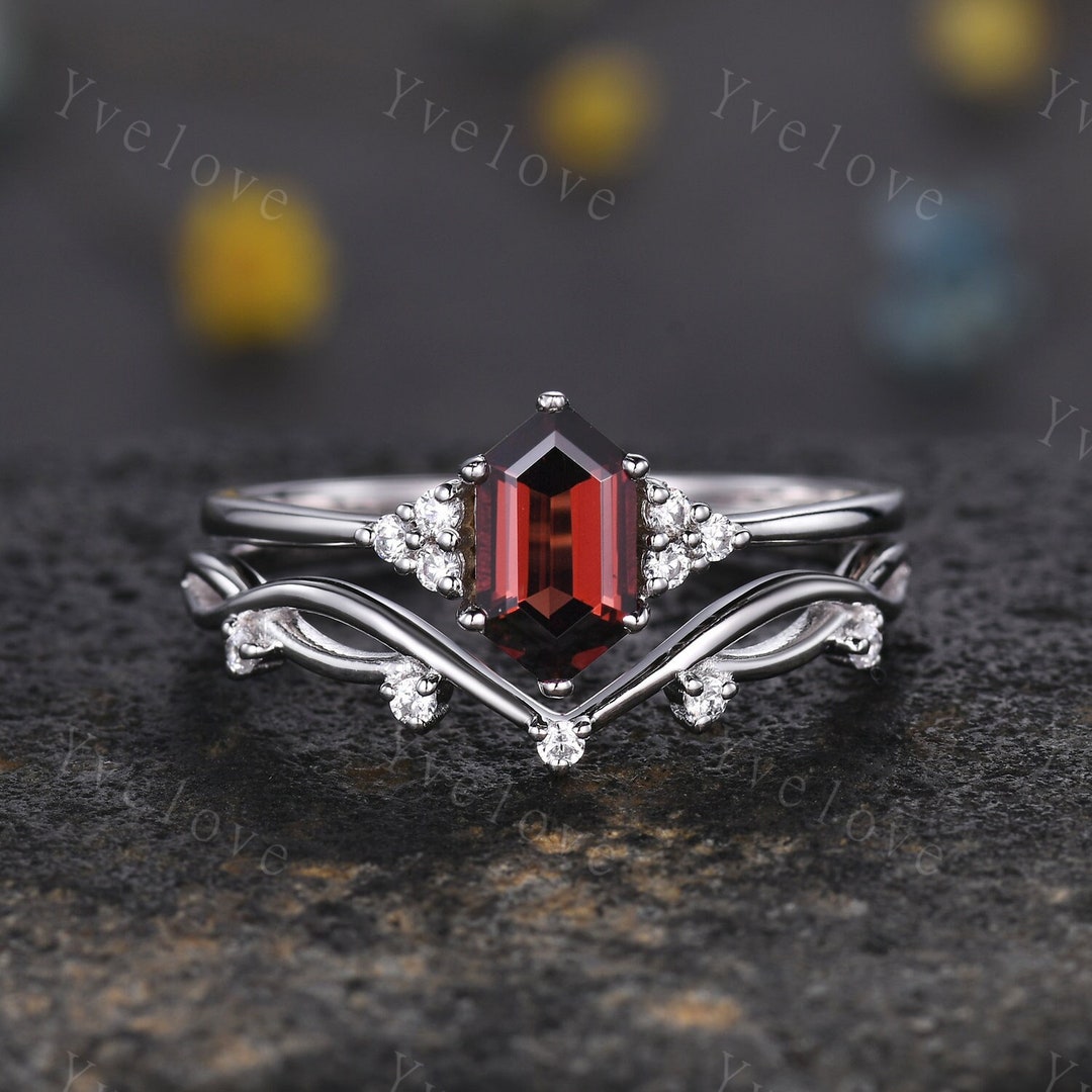 Retro Long Hexagon Garnet Ring,vintage Sterling Silver Ring Set,unique ...