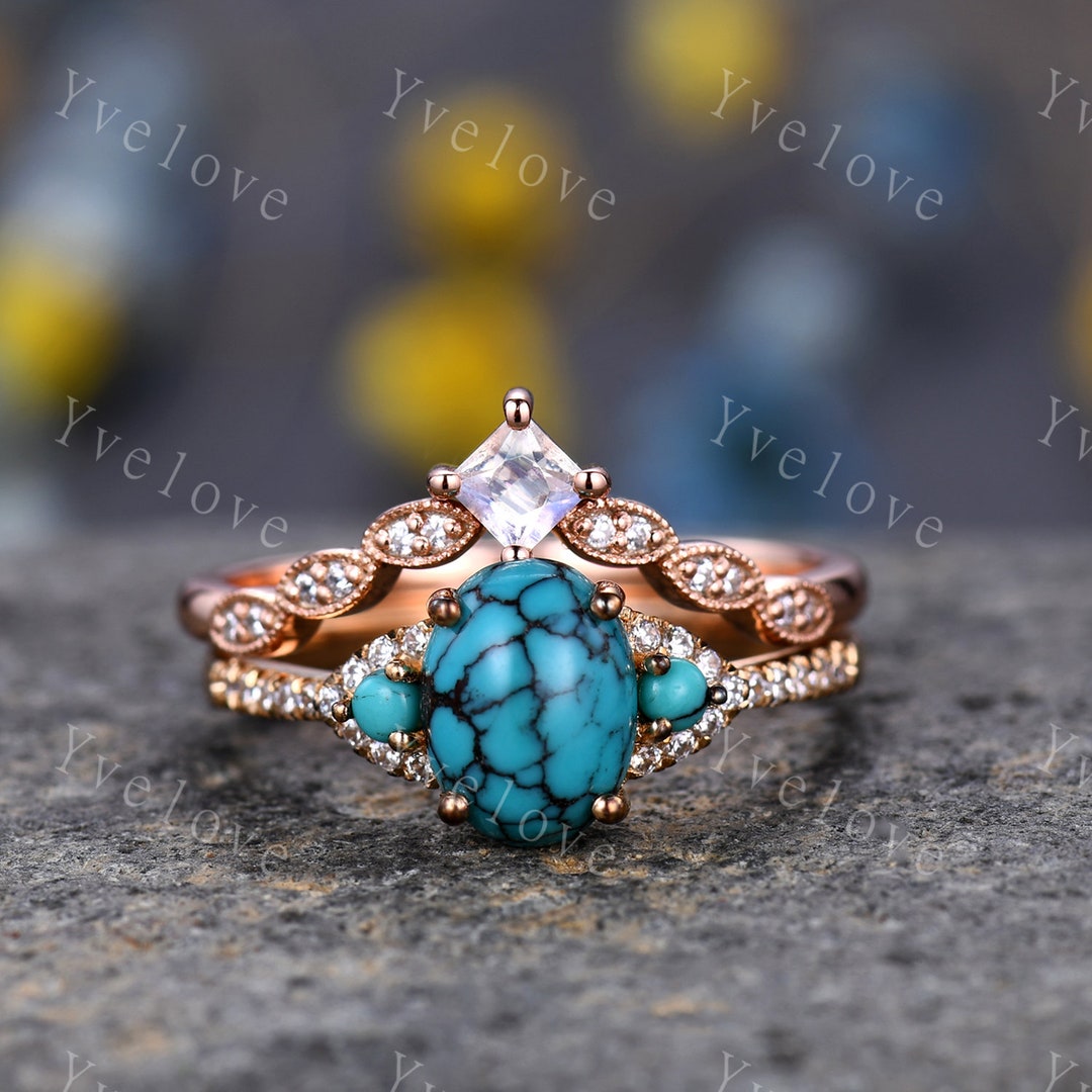 Turquoise Ring Set 14k Rose Gold Turquoise Engagement Ring Set ...