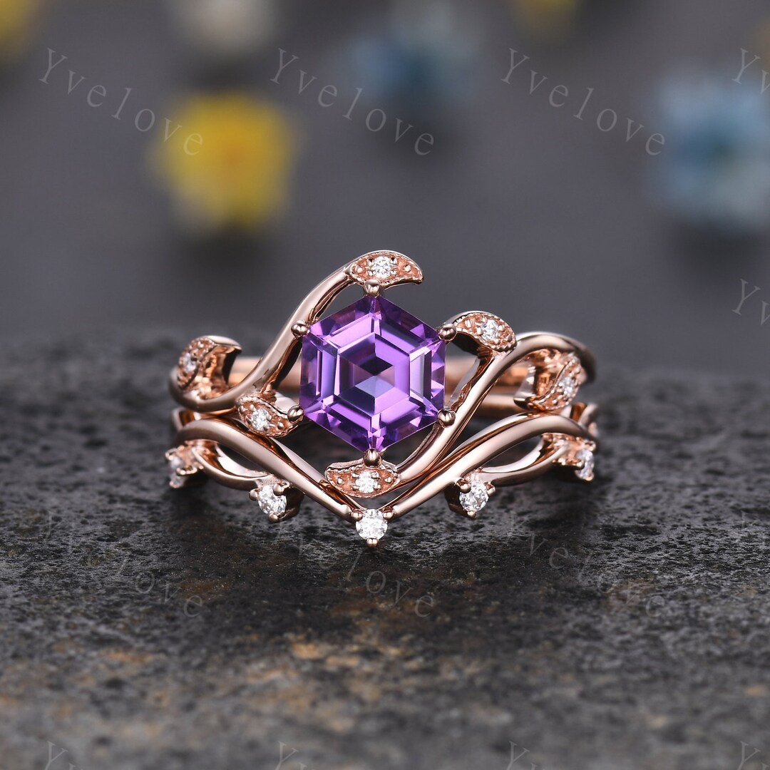 Retro Hexagon Amethyst Ring,vintage Rose Gold Ring Set,unique Amethyst ...