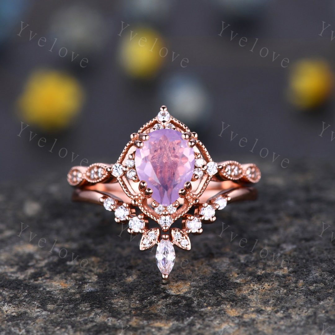 Vintage Lavender Amethyst Engagement Ring Set,6x8mm Pear Amethyst ...