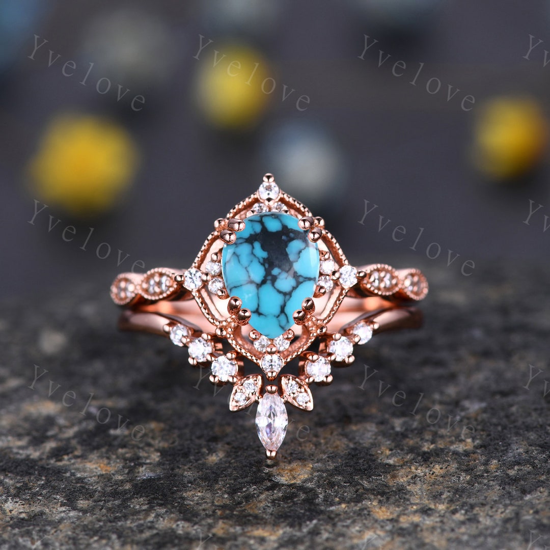 Vintage Turquoise Engagement Ring Set,6x8mm Pear Turquoise Bridal Set,v ...