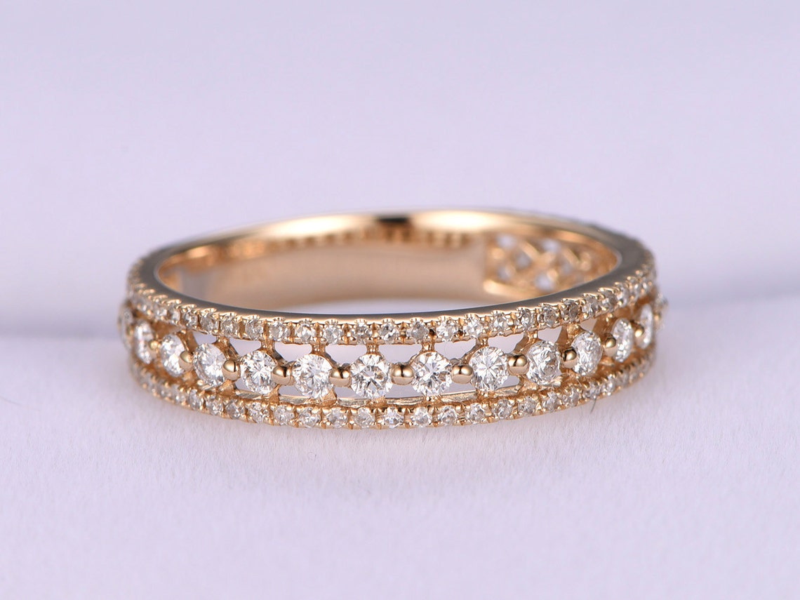 Three Row Diamond Engagement Ring Solid 14k Rose Gold Wedding - Etsy