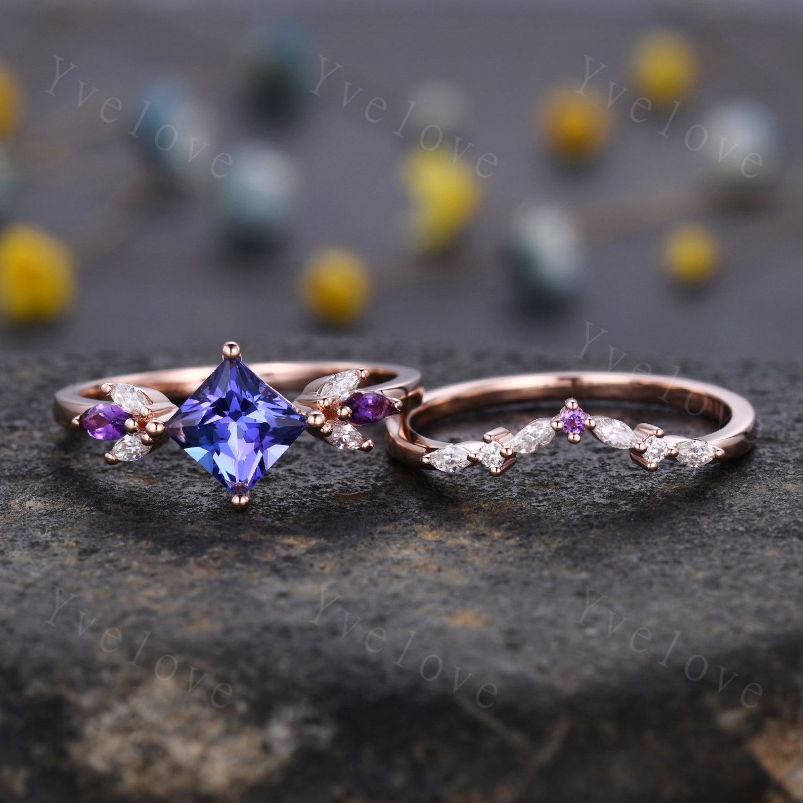 Vintage Princess Cut Tanzanite Engagement Ring Set Rose Gold - Etsy
