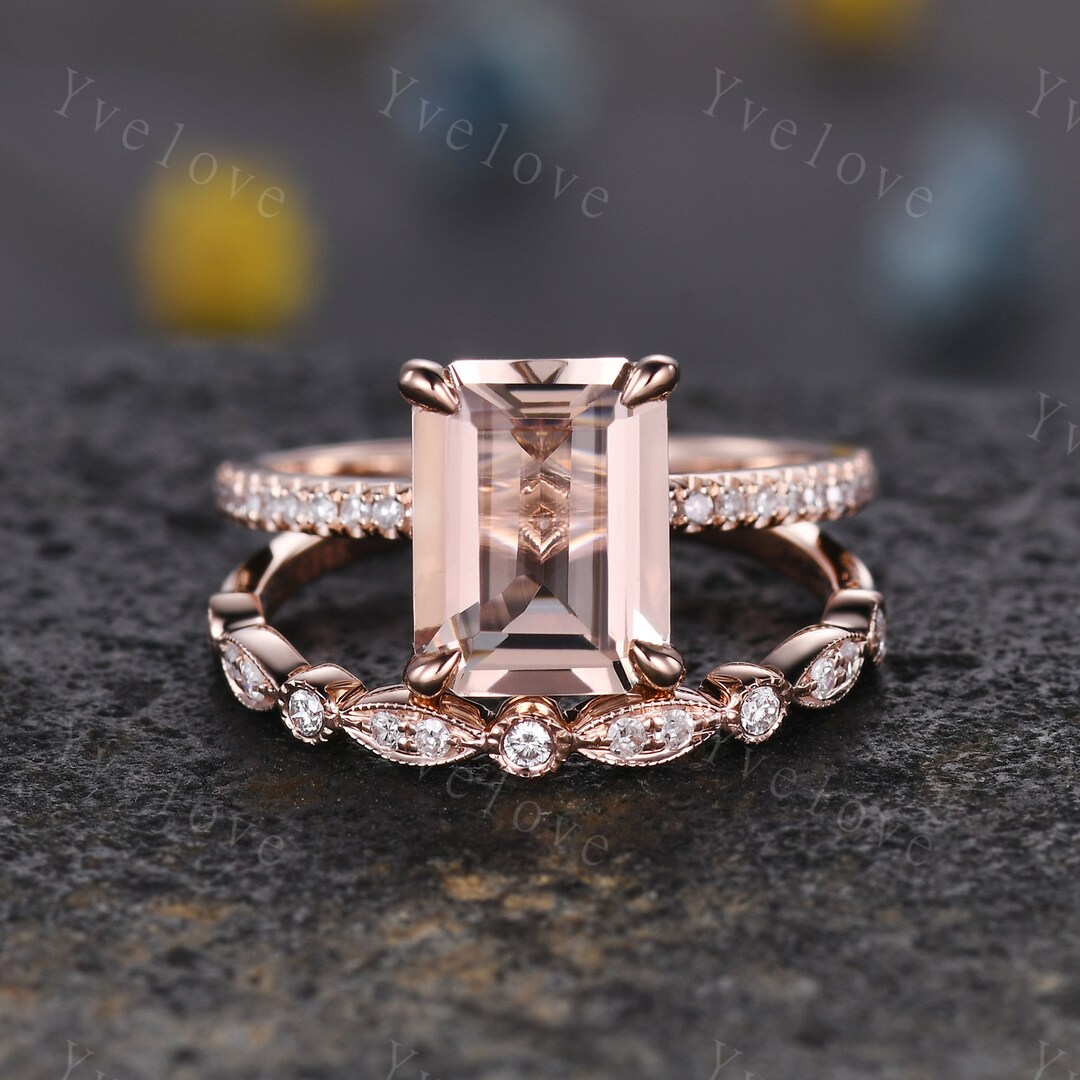 Morganite Ring Set Emerald Cut Pink Morganite Engagement Ring Half ...