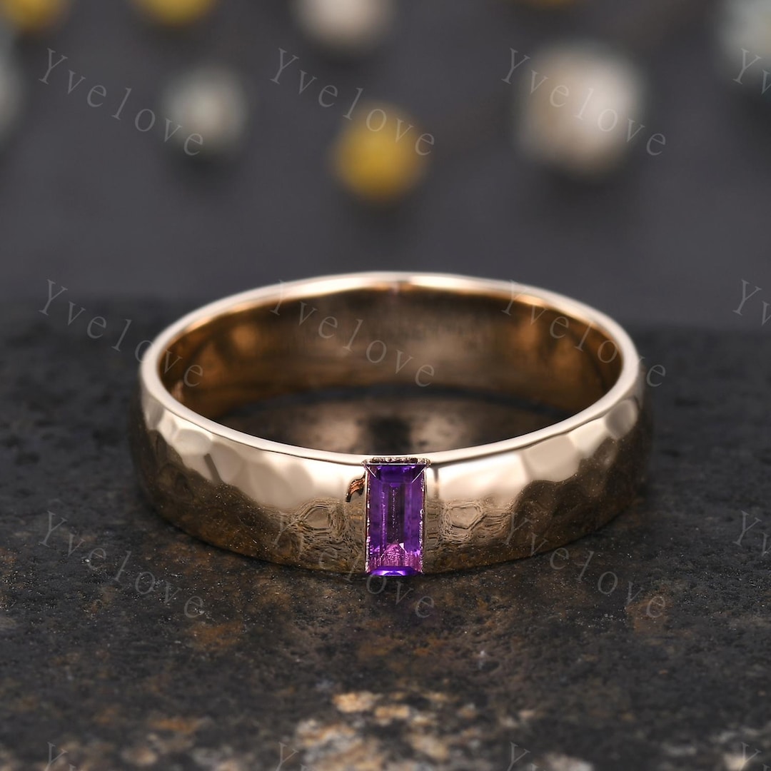 Mens Amethyst Wedding Band Baguette Cut Amethyst Band 5mm Solid Gold ...