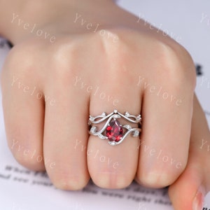 Retro Teardrop Red Garnet Ring,vintage Sterling Silver Ring Set,unique ...