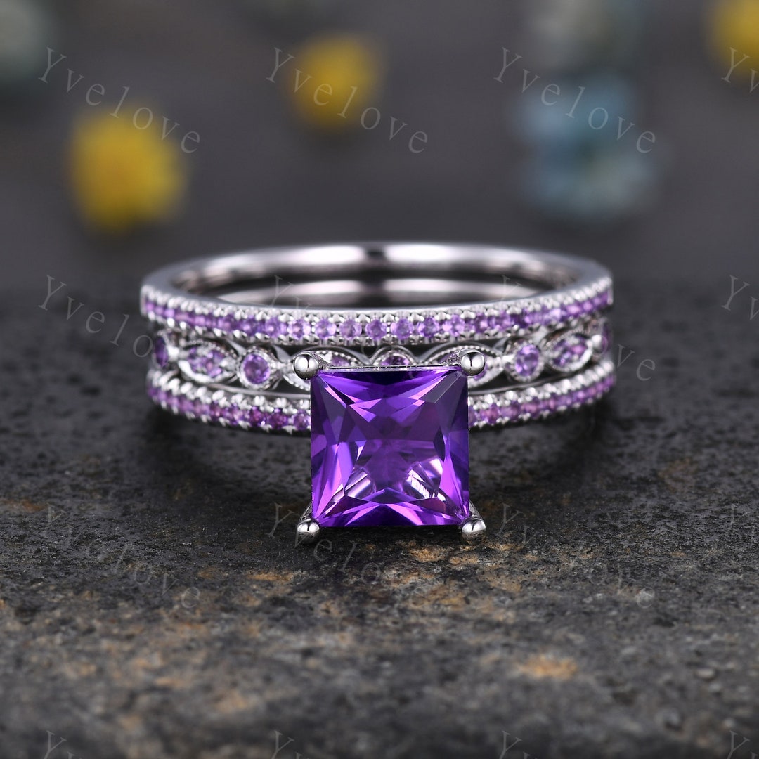 3 Set Princess Cut Amethyst Engagement Ring Set Amethyst Ring Set ...