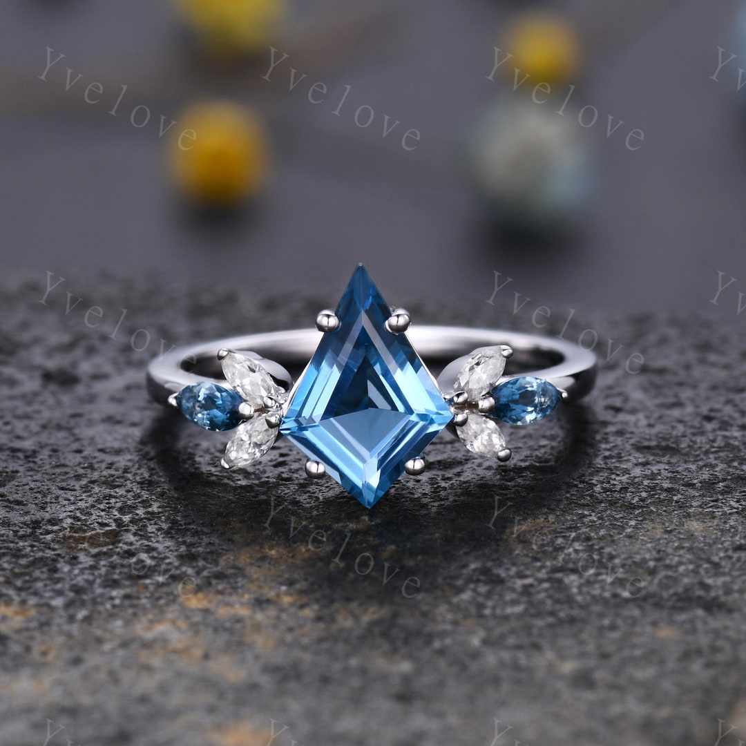 Vintage Kite Cut London Blue Topaz Engagement Ring,unique Bridal Ring ...