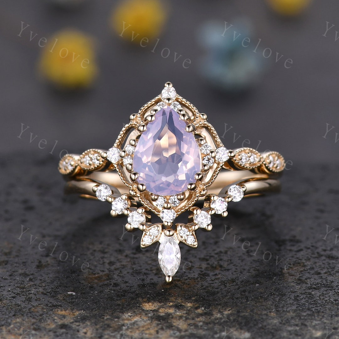Vintage Lavender Amethyst Engagement Ring Set,6x8mm Pear Amethyst ...