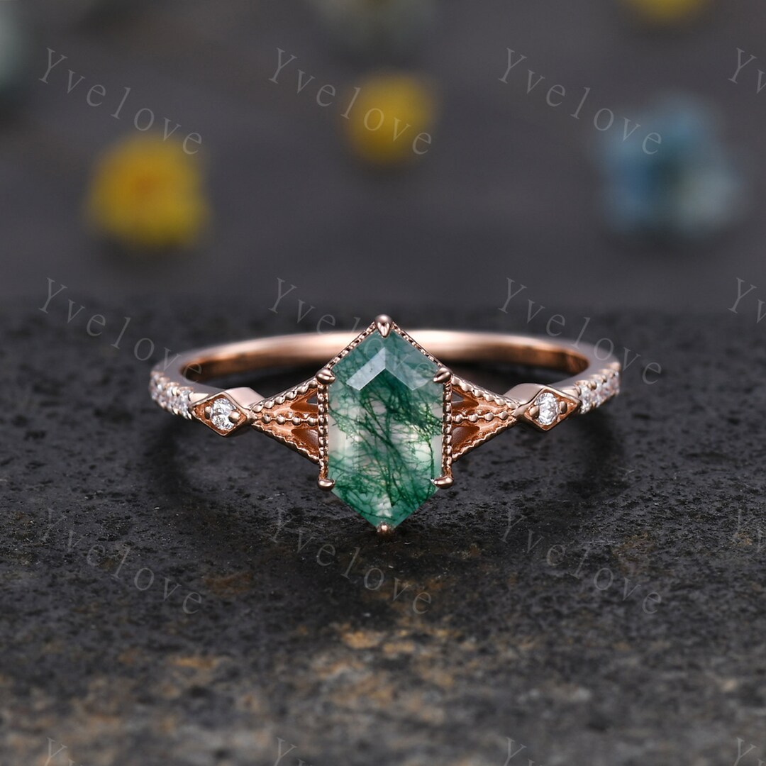 Vintage Long Hexagon Cut Moss Agate Ring Diamond Rose Gold Band Natural Green Moss Agate Jewelry ...