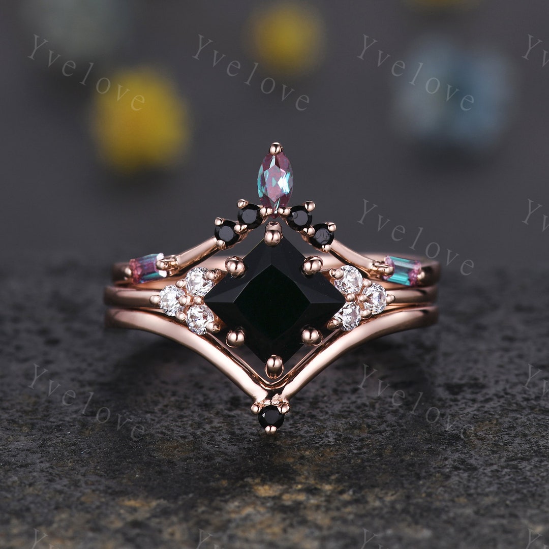 3PCS Vintage Princess Cut Black Onyx Engagement Ring Set,black Spinel ...