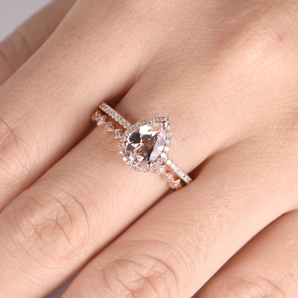 Morganite ring set morganite engagement ring 6x8mm pear cut | Etsy