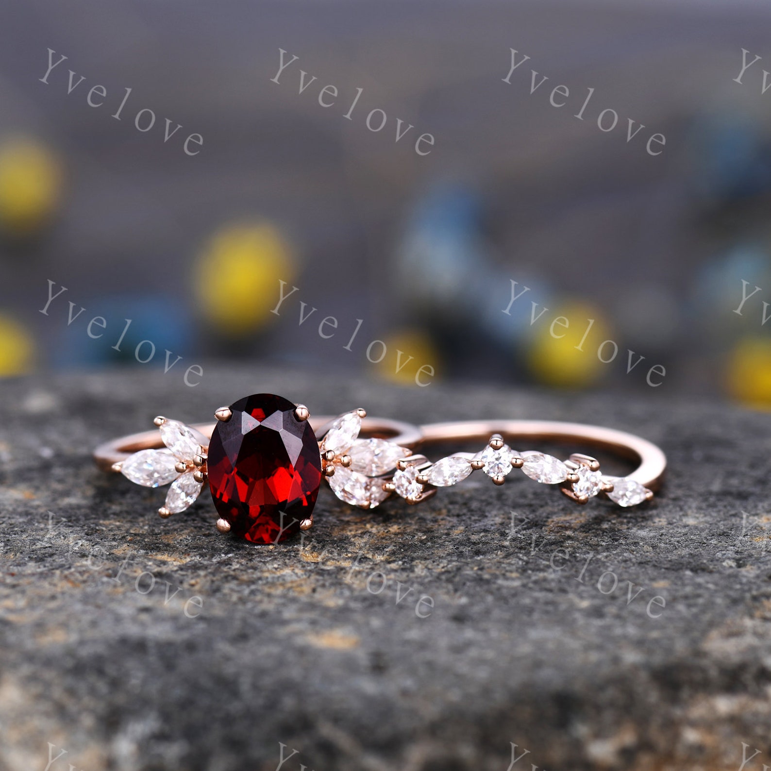 Garnet Engagement Ring Set Rose Gold Art Deco Ring Moissanite - Etsy