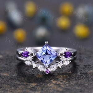 Vintage Princess Cut Tanzanite Engagement Ring 14k White Gold Women ...