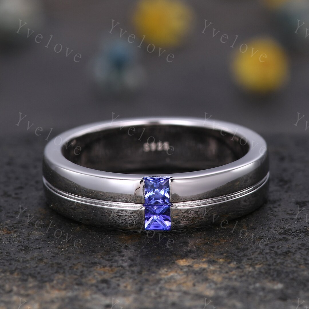 Mens Tanzanite Wedding Band Princess Cut Tanzanite Ring Platinum Ring ...