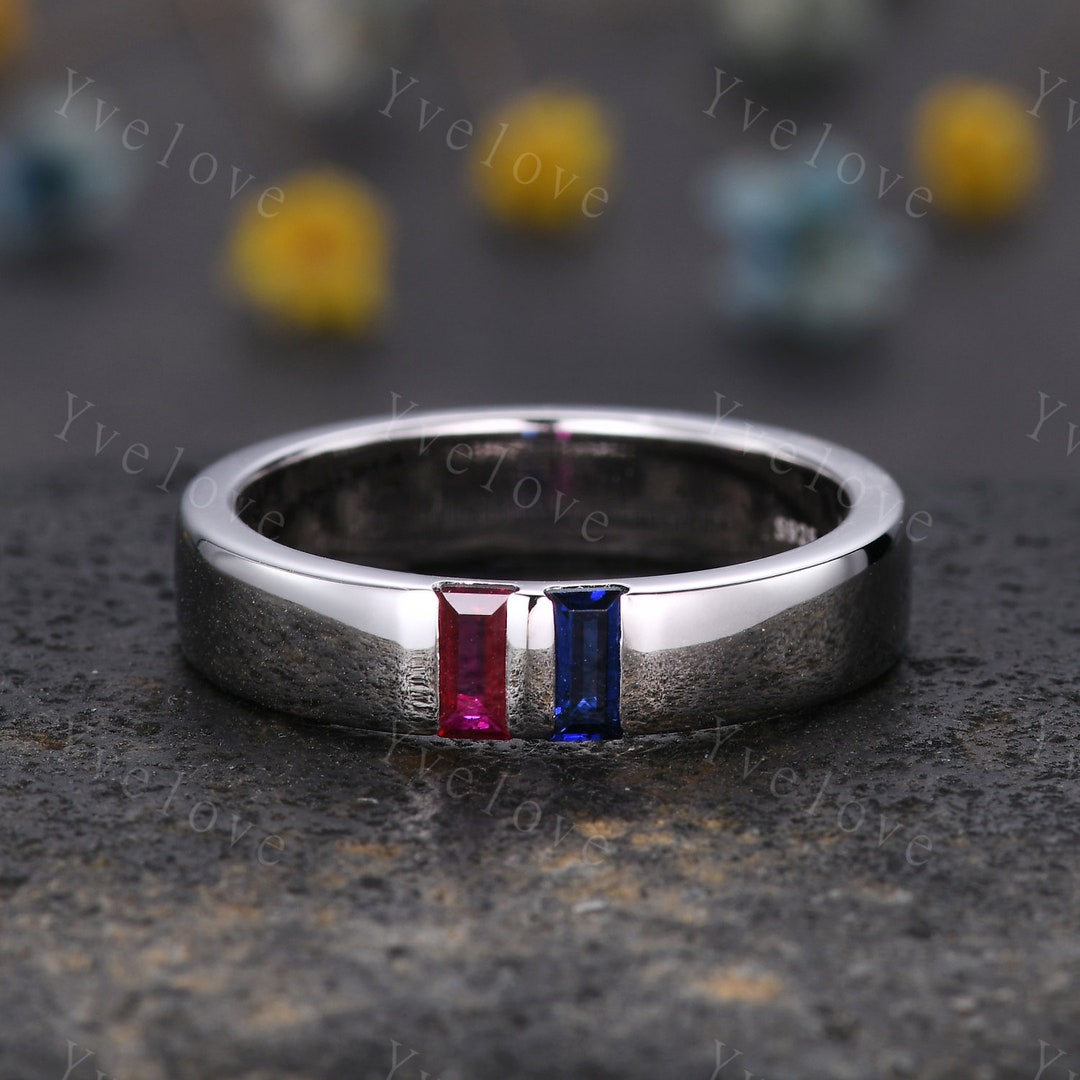 5mm Mens Sapphire Ruby Wedding Band,two Baguette Cut Gems Ring,comfort Fit Mens Ring,mens ...