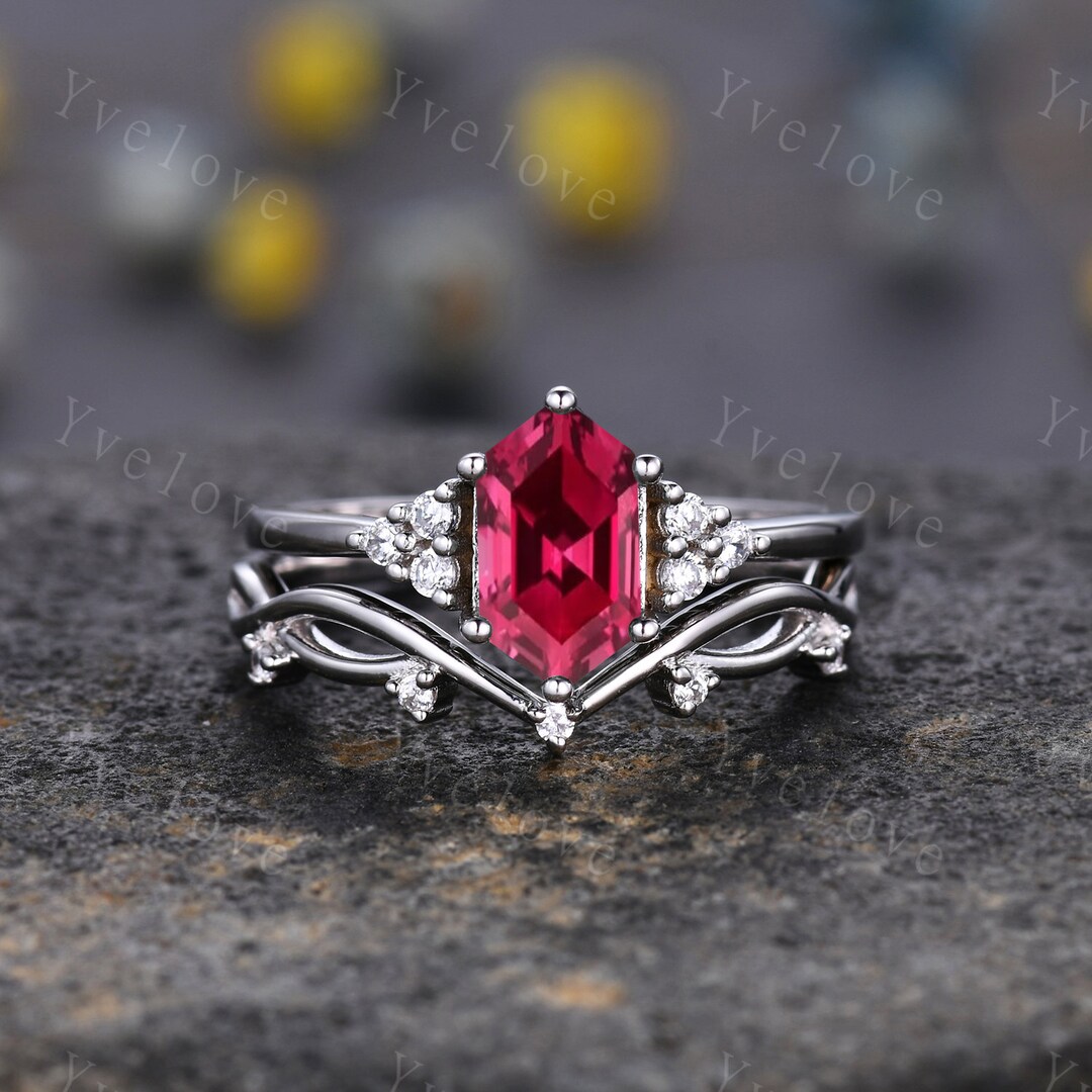 Retro Hexagon Red Ruby Ring,vintage Sterling Silver Ring Set,unique ...