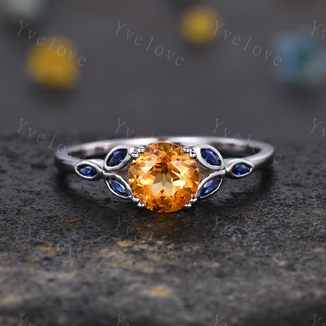 7mm Round Citrine Engagement Ring,marquise Shaped Blue Sapphire Ring ...
