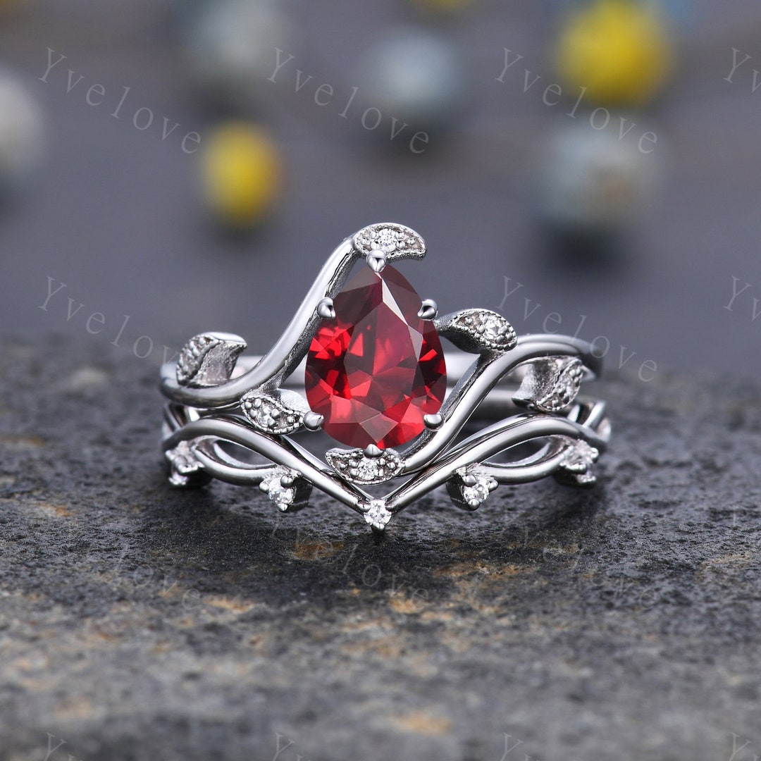 Retro Teardrop Red Garnet Ring,vintage Sterling Silver Ring Set,unique ...