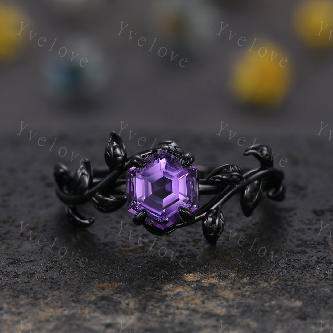 Hexagon Amethyst Ring,vintage Twig Vine Leaf Ring,unique Amethyst Engagement Ring,purple ...