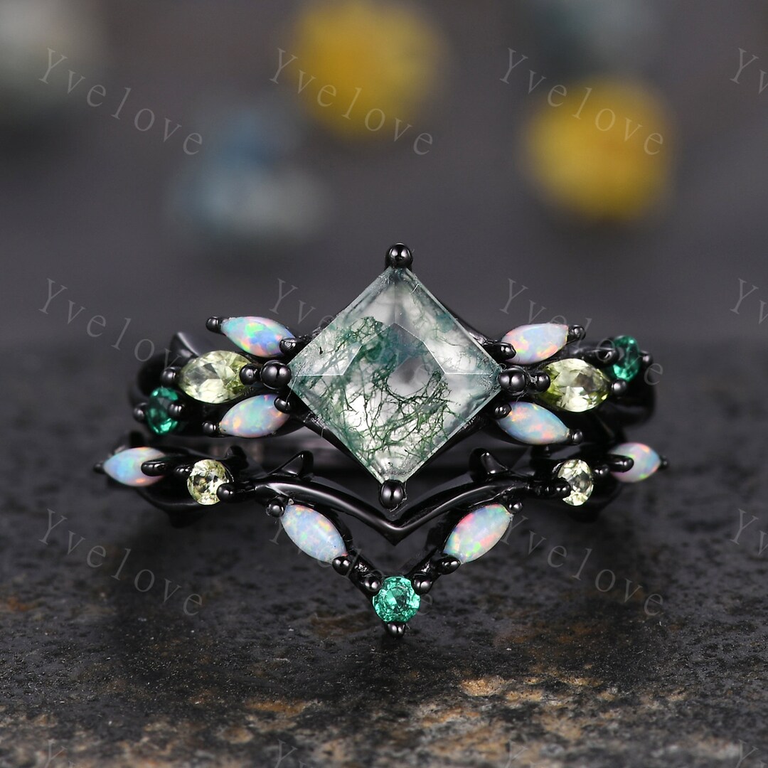Vintage Princess Moss Agate Engagement Ring Set,black Gold,vines ...