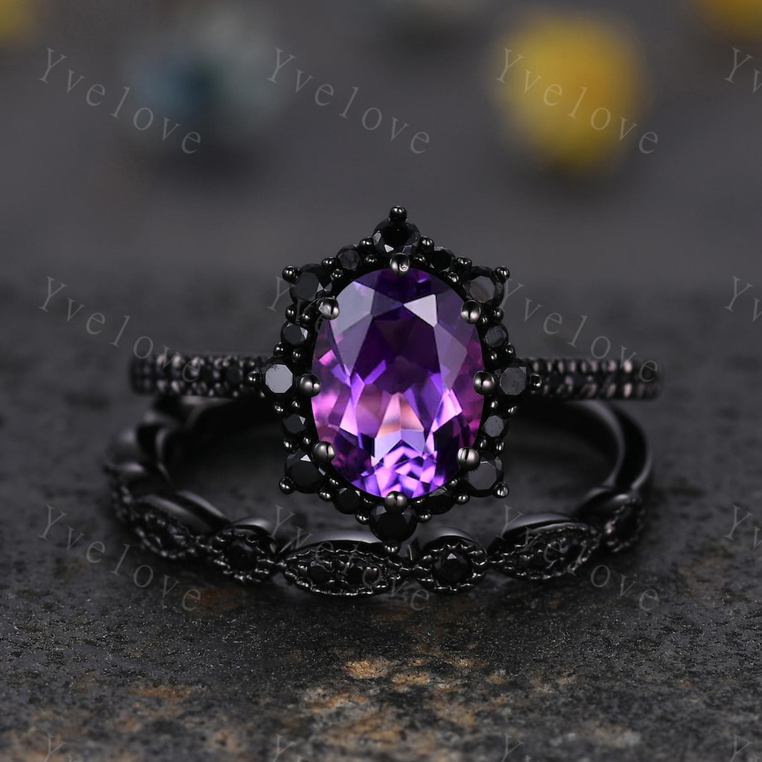 Gothic Oval Shape Amethyst Engagement Ring Set,black Gold Black Diamond ...