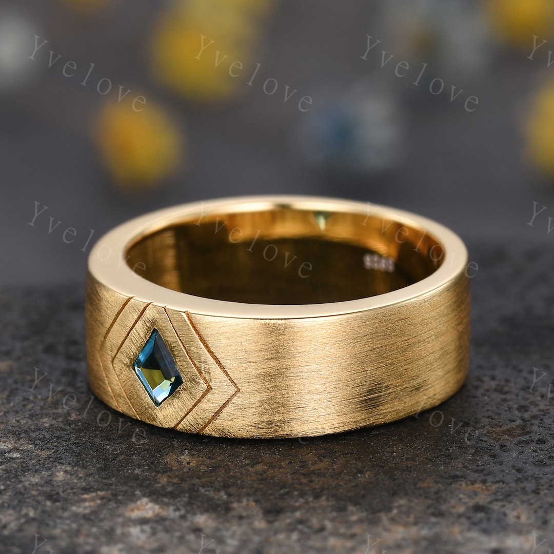 7mm Solid Gold Mens Kite Cut London Blue Topaz Wedding Band Topaz ...