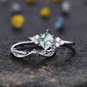 Retro Princess Moss Agate Ring,vintage Sterling Silver Ring Set,unique ...