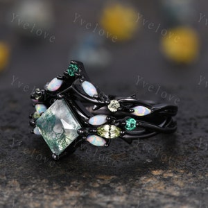 Vintage Princess Moss Agate Engagement Ring Set,black Gold,vines ...