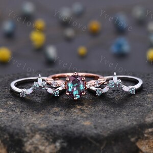 Vintage Alexandite Engagement Ring Set,unique Gold Wedding Set,art Deco ...