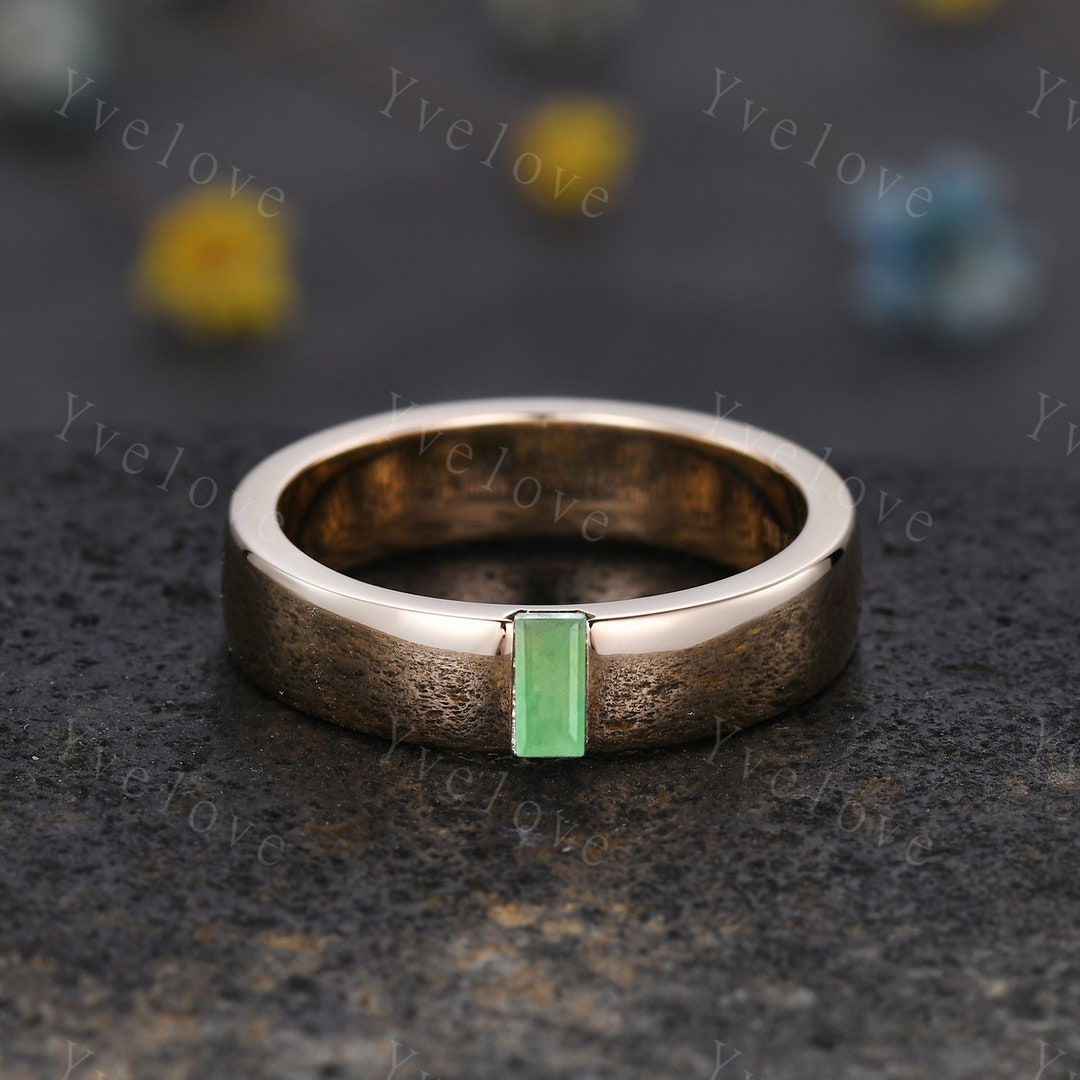 Mens Jade Wedding Band Baguette Cut Green Jade Band 5mm Solid Gold Ring ...