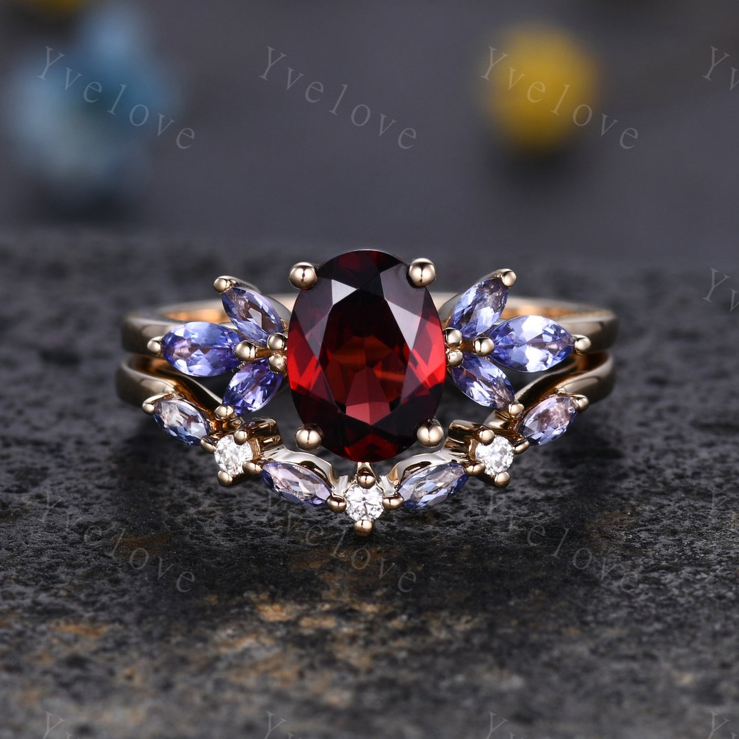 Garnet Engagement Ring Set Rose Gold Art Deco Ring Tanzanite Moissanite ...