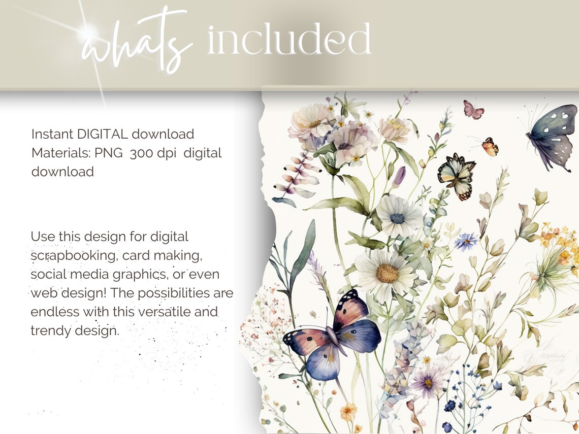 Wildflowers and Butterflies Digital Paper Pack - Abstract Multicolor ...