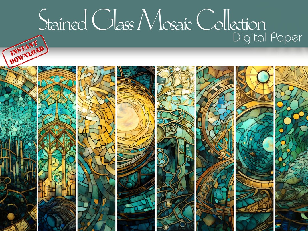 Teal Mosaic Stained Glass Digital Paper, Vivid Designs (digital ...