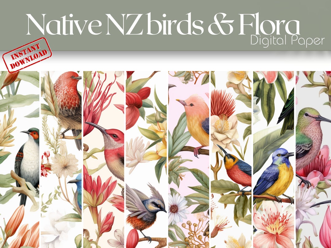 Native NZ Birds & Flora Digital Paper - Abstract Multicolor Backgrounds ...