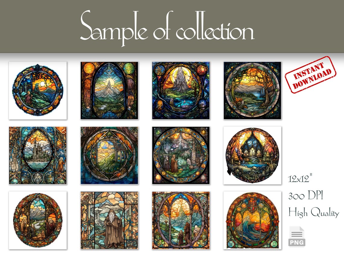 Middle Earth Stained Glass Digital Paper, Scrapbooking (digital ...
