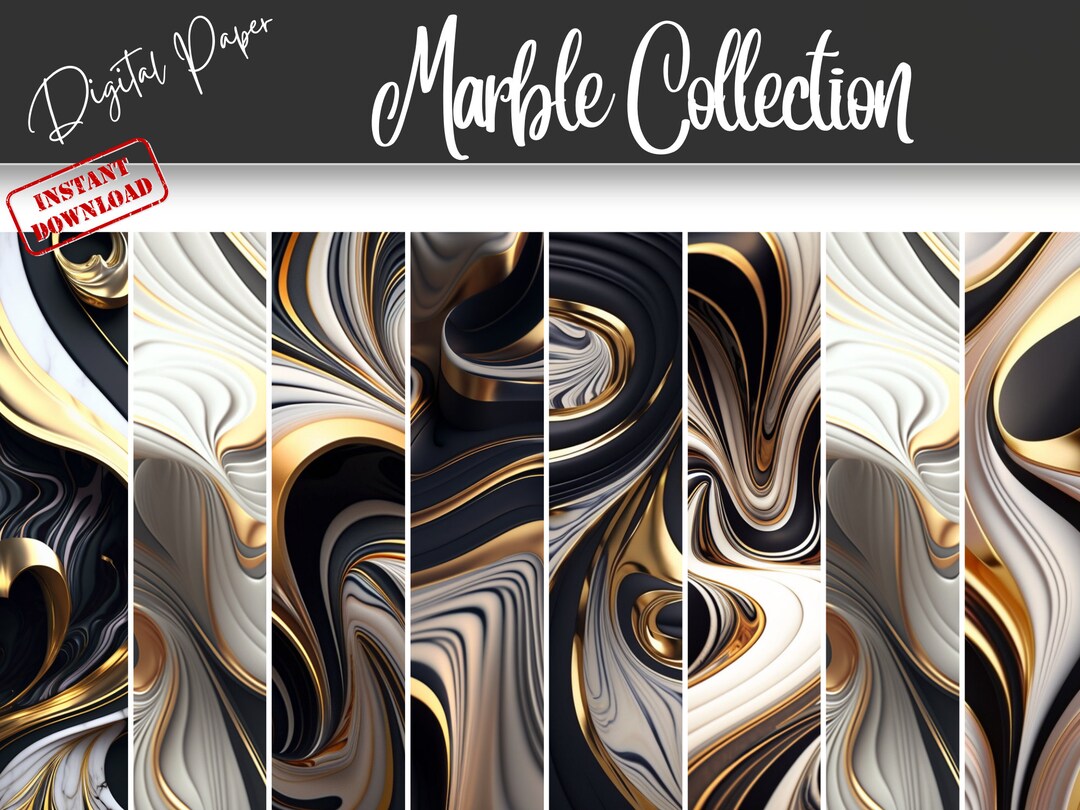 Black and White Flowing Marble Digital Paper, Seamless With Gold Thread ...