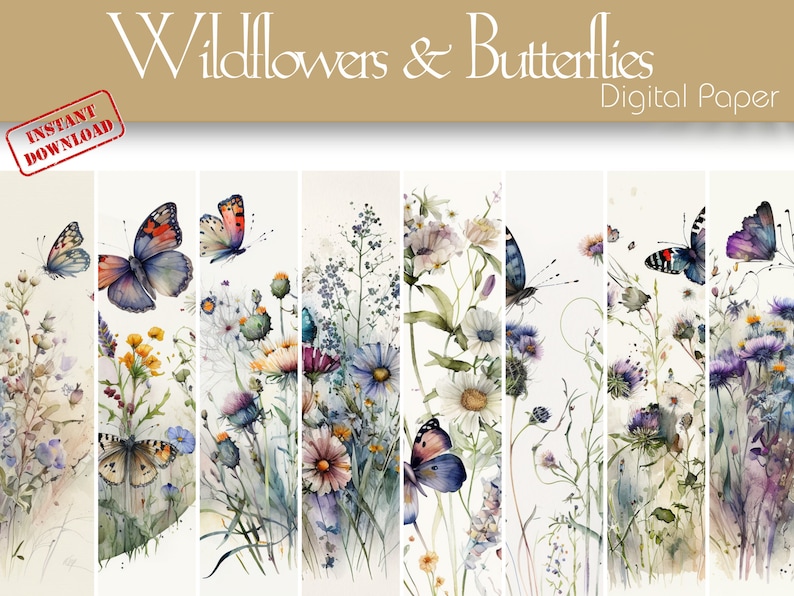 Wildflowers and Butterflies Digital Paper Pack - Abstract Multicolor ...