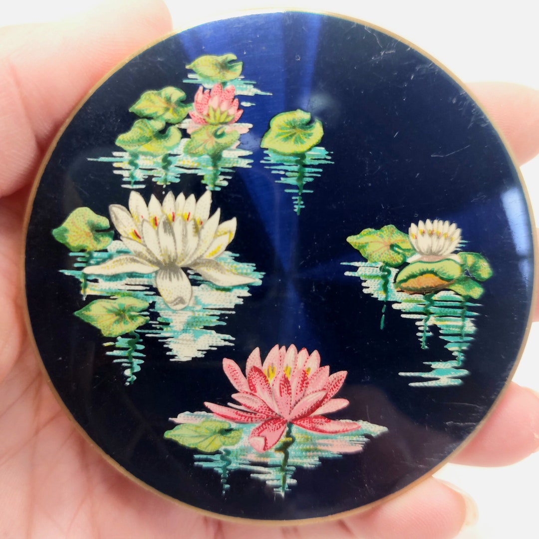 Vintage Stratton Powder Compact With Water Lilies on Blue Enamel ...