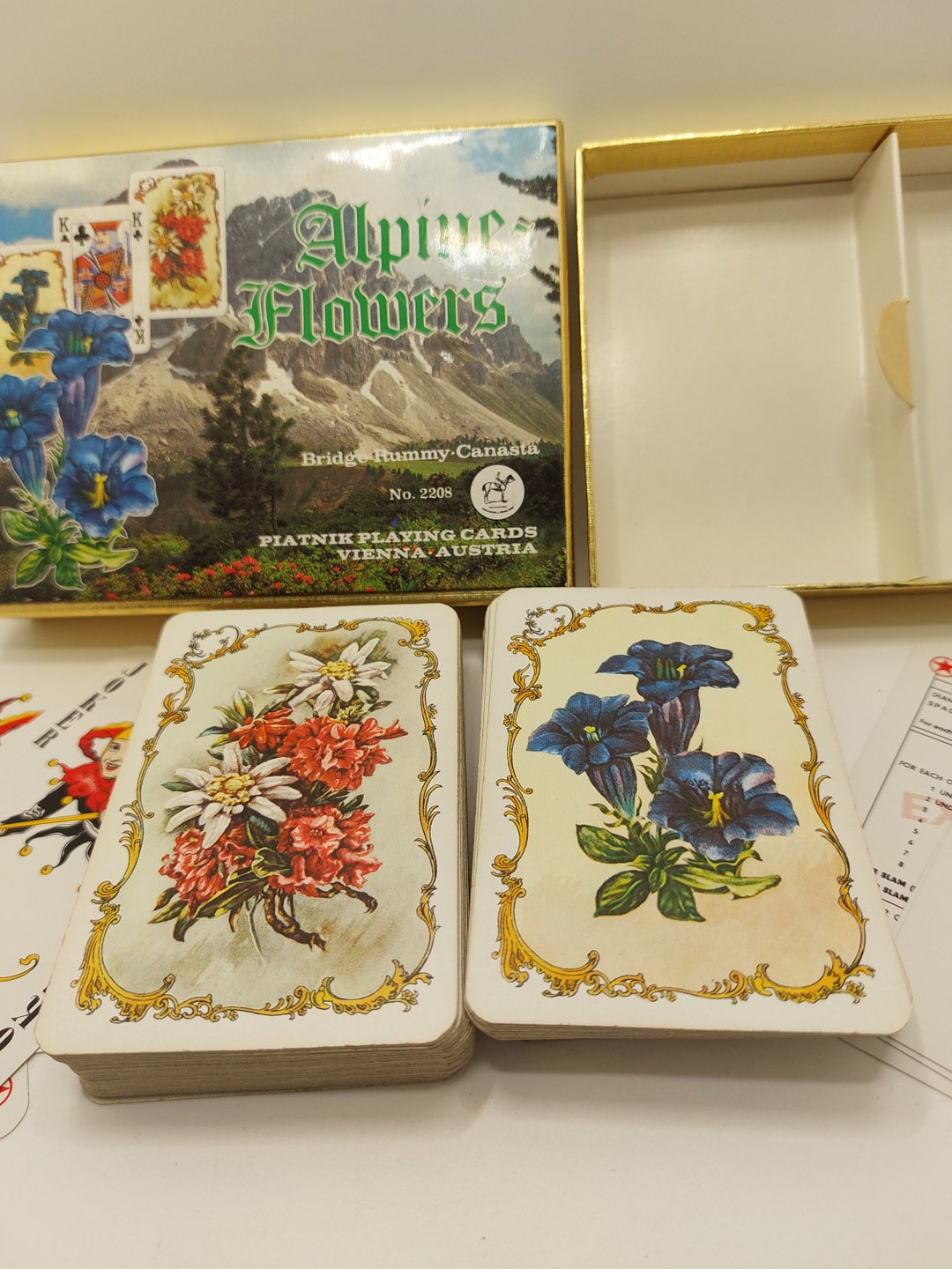 Vintage Playing Cards With Two Decks of Alpine Flowers Gentian and Edelweiss, Made by Piatnik of ...