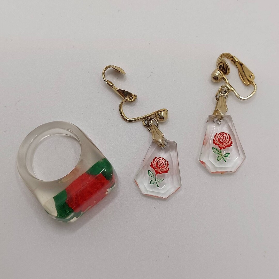 Vintage Reverse-carved Lucite Red Rose Lucite Earrings and Red Rose ...