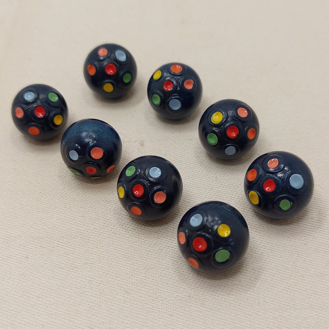 Round Wooden Buttons With Dots, Ball Shaped Vintage Buttons X 8, Navy ...