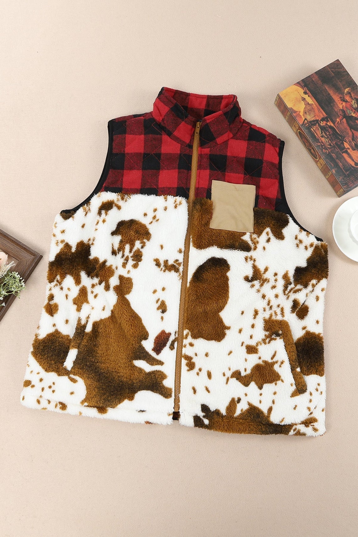 Brown Cow Print Buffalo Plaid Pocket Vest Coat - Etsy