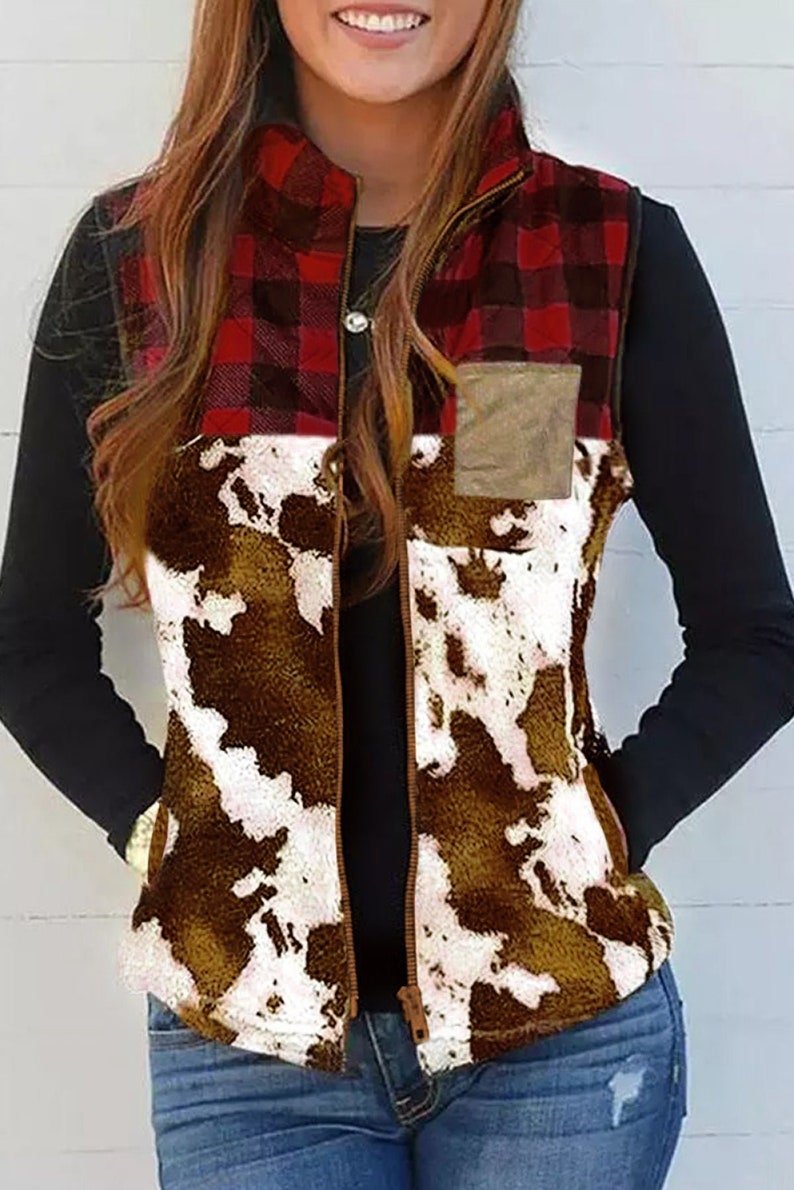 Brown Cow Print Buffalo Plaid Pocket Vest Coat - Etsy