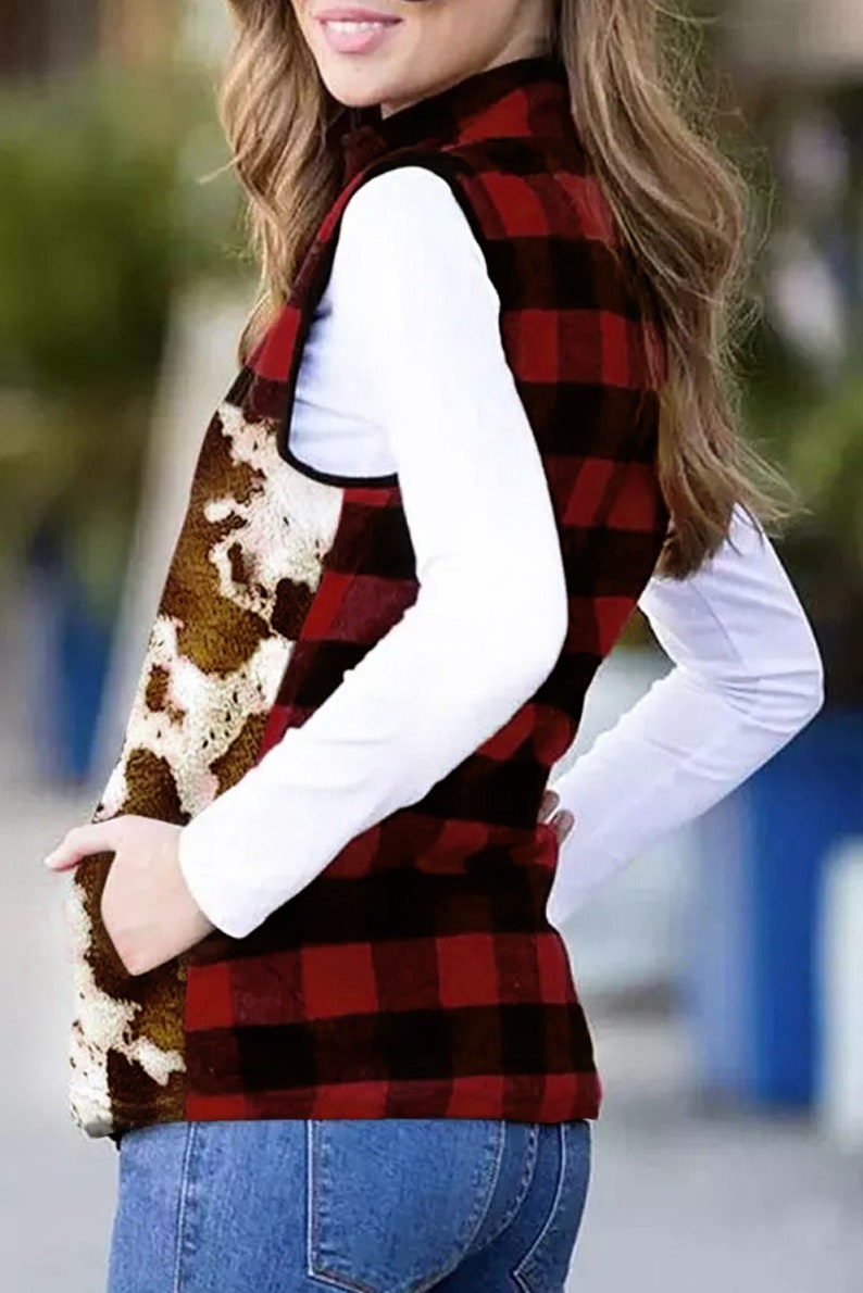 Brown Cow Print Buffalo Plaid Pocket Vest Coat - Etsy