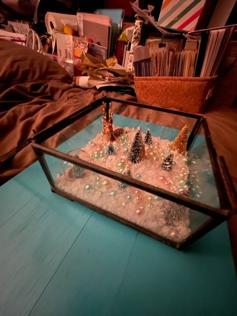 Vintage Glass Box With Mini Trees Swarovski Deer No Hole Beads and Faux ...