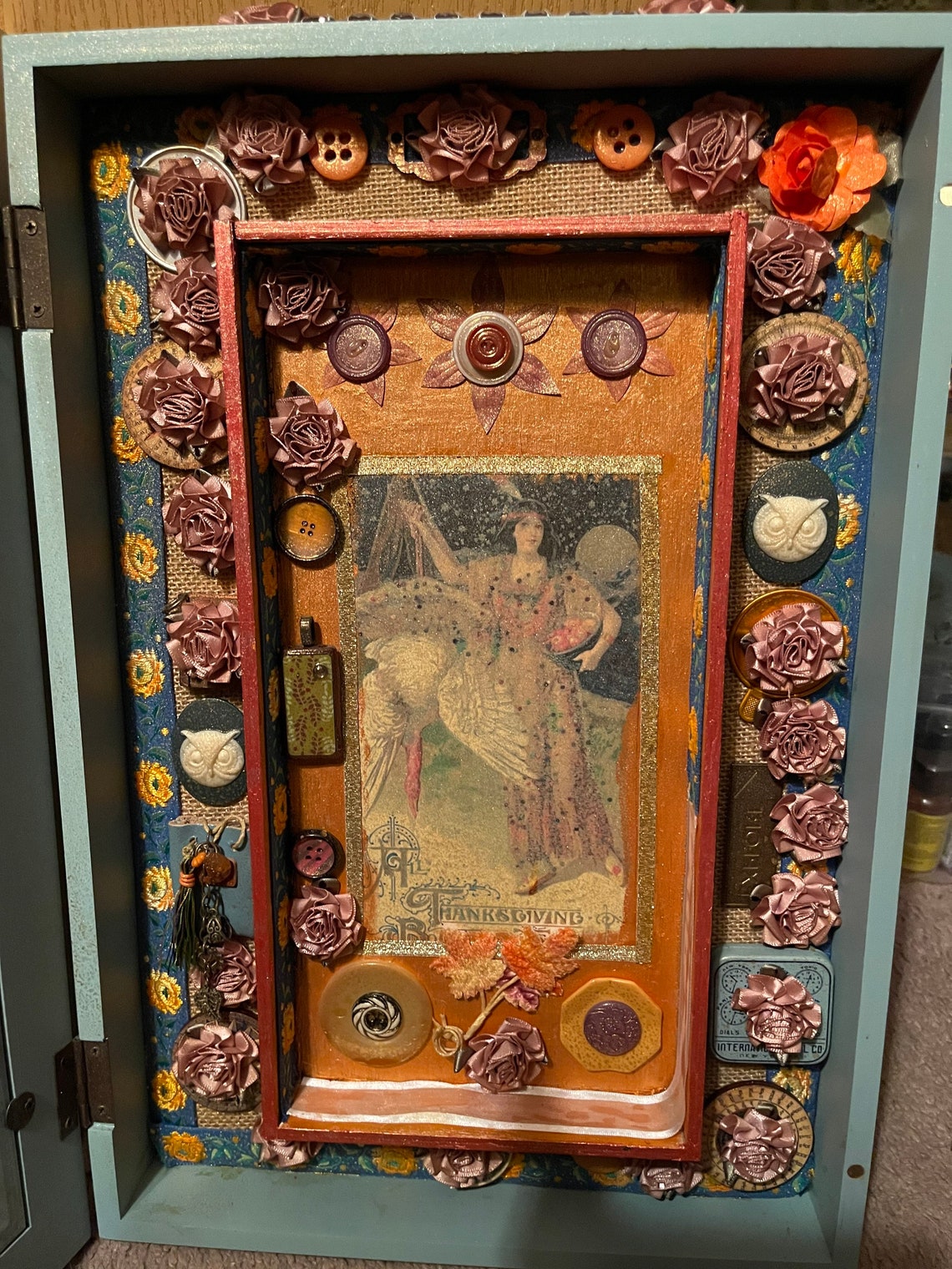 Thanksgiving Native American Indian W/turkey Shadow Box Glass Box Mixed ...