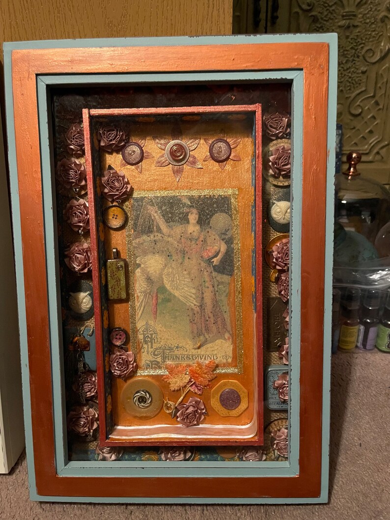 Thanksgiving Native American Indian W/turkey Shadow Box Glass Box Mixed ...